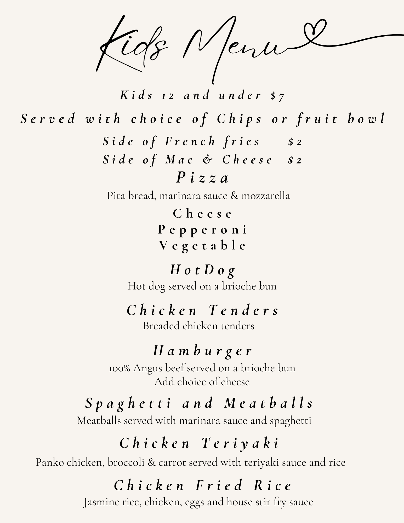 Kid’s Menu – Table On The Green